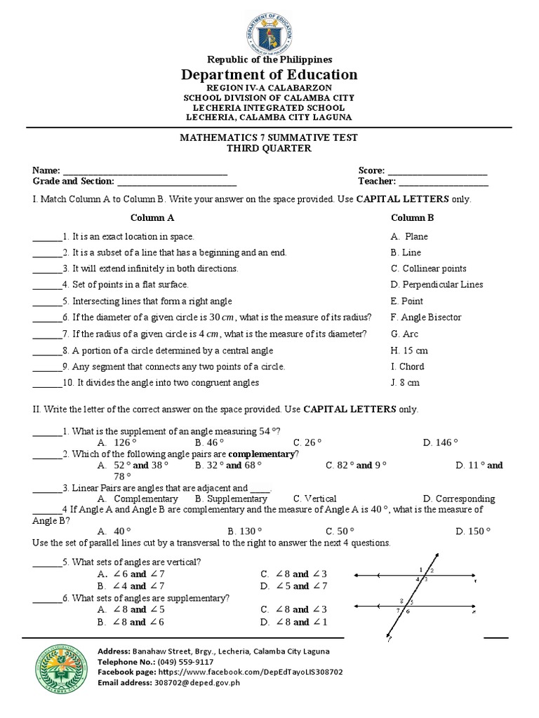 G7 Math Quarter 3 Summative Test | PDF | Circle | Angle