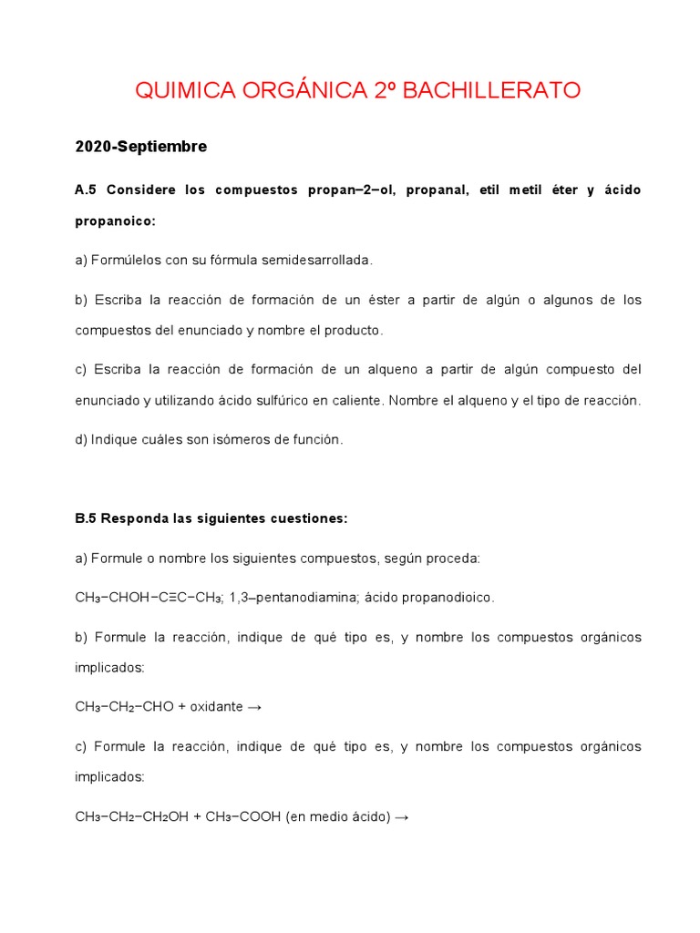 Ejercicios Reacciones Quimica Organica 2º Bach | PDF | Ácido | Reacciones químicas