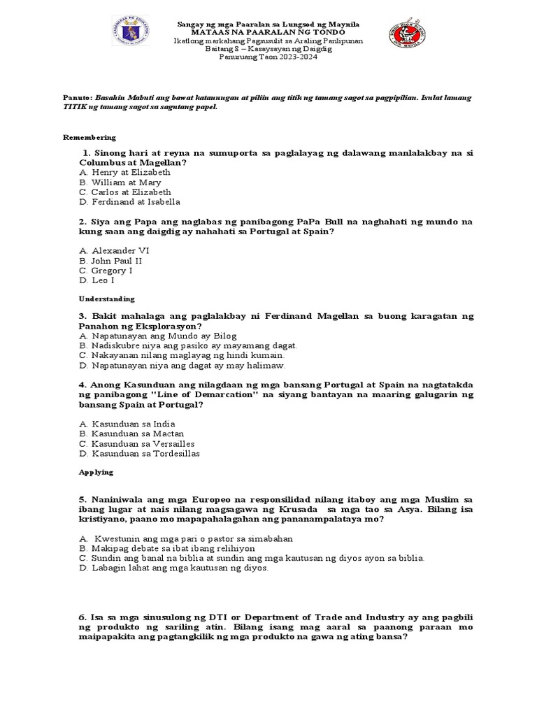 1 QUIZ Aralin 2 Dahilan at Pangyayari Sa Unang Yugto NG Kolonyalismo. | PDF