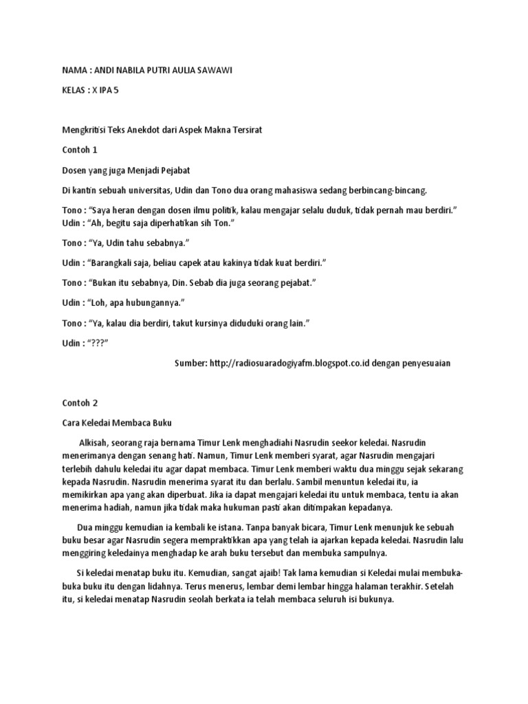 Teks Anekdot Tugas 1 (Andi Nabila Putri Aulia Sawawi) | PDF