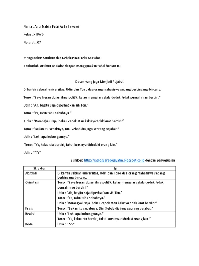 Teks Anekdot Tugas 3 (Andi Nabila Putri Aulia Sawawi) | PDF