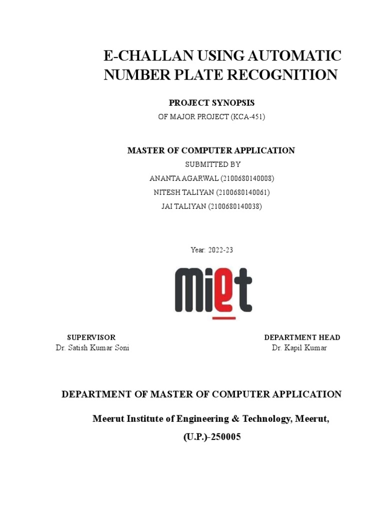 MAJOR PROJECT SYNOPSIS E CHALLAN Using Automatic Number Plate Detection ...