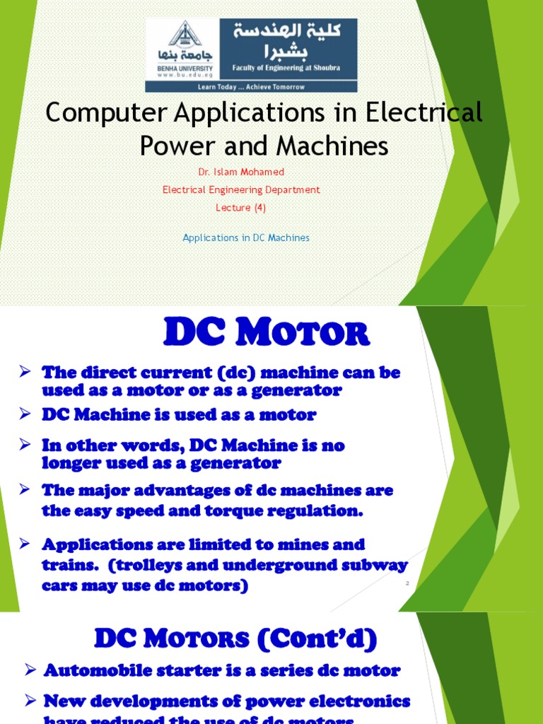 Lecture 4 - DC Machines Applications | PDF | Electric Motor | Direct ...
