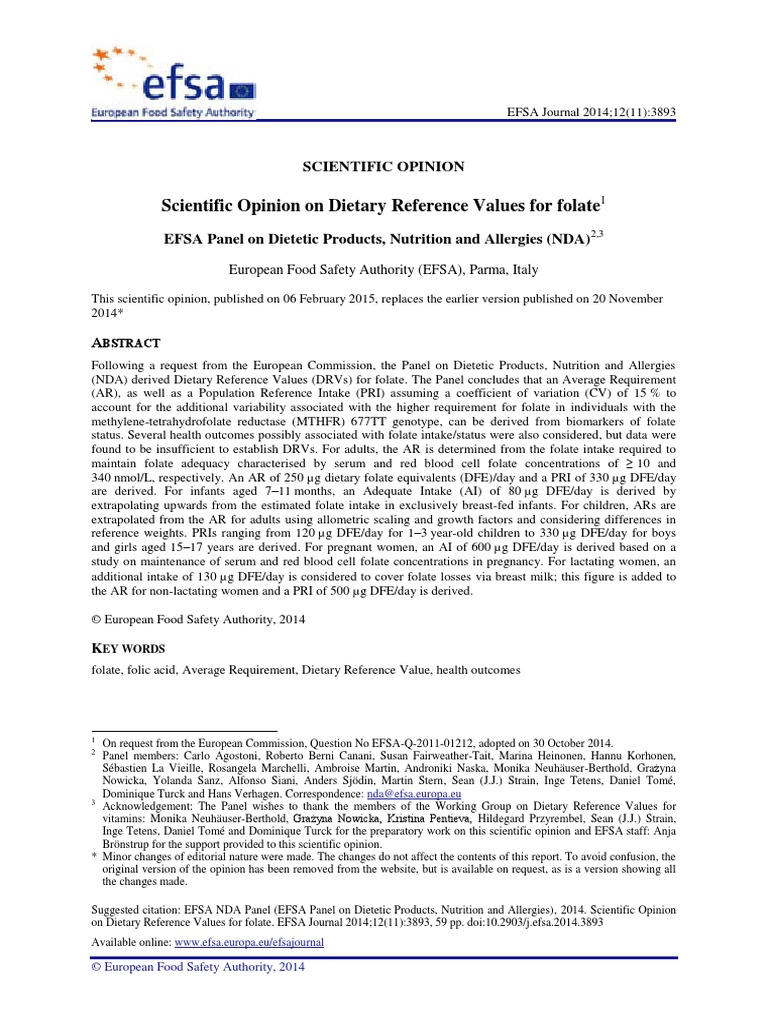 EFSA Journal - 2014 - Scientific Opinion On Dietary Reference Values For Folate | PDF