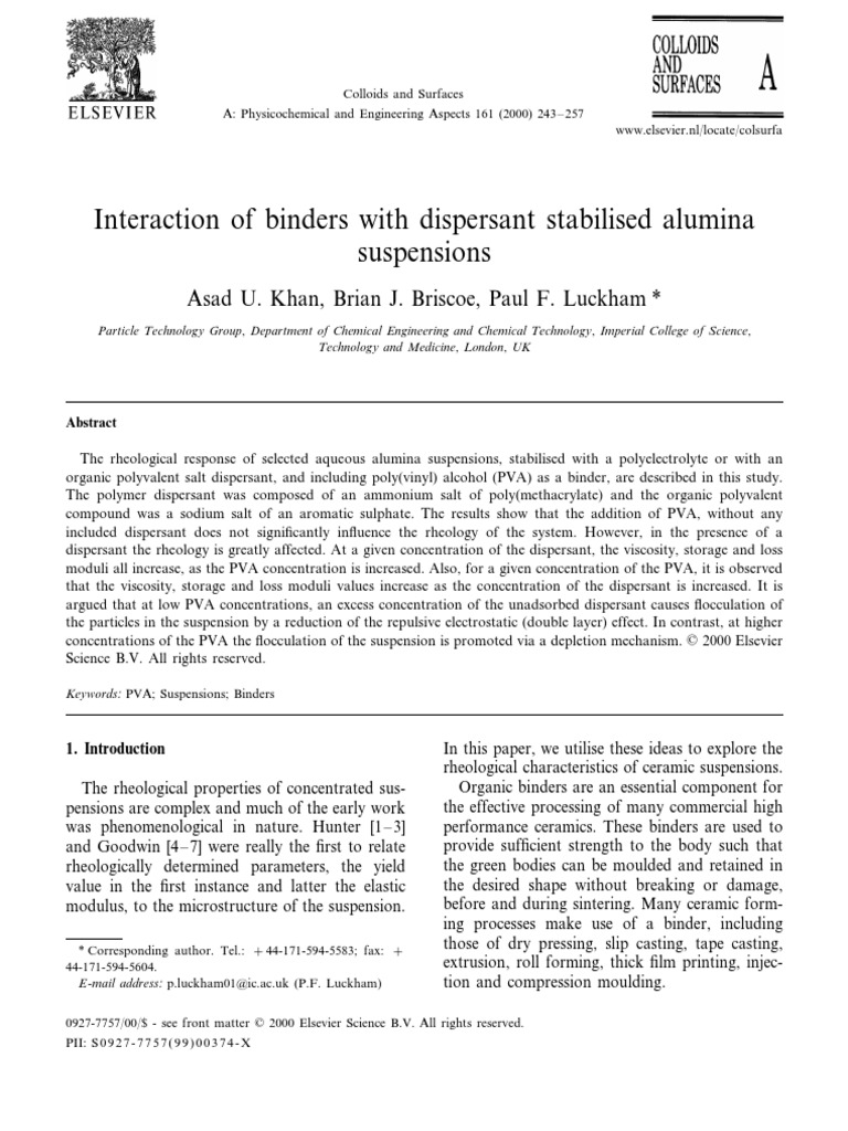 Interaction of Binders With Dispersant Stabilised Alumina Suspensions ...