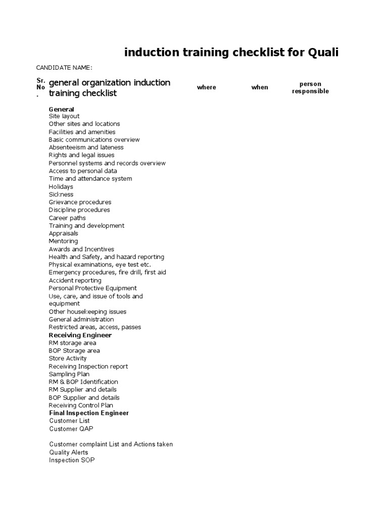 Induction Training Checklist | PDF