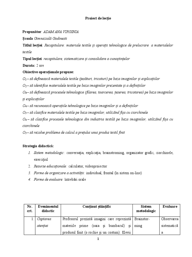 Proiect Lectie Recapitulare Materiale Textile | PDF