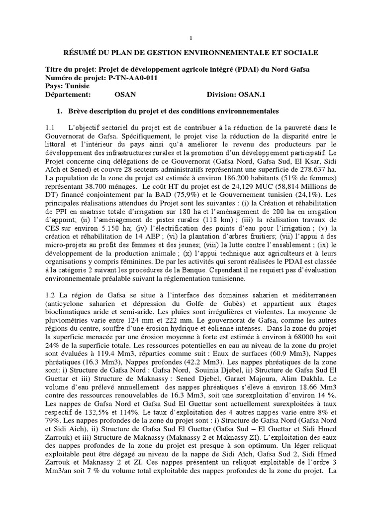 Plan de Gestion Environnementale PDAI Gafsa | PDF