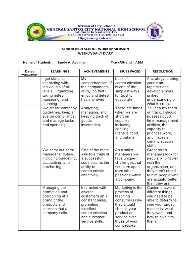 High School Work Immersion Diary | PDF