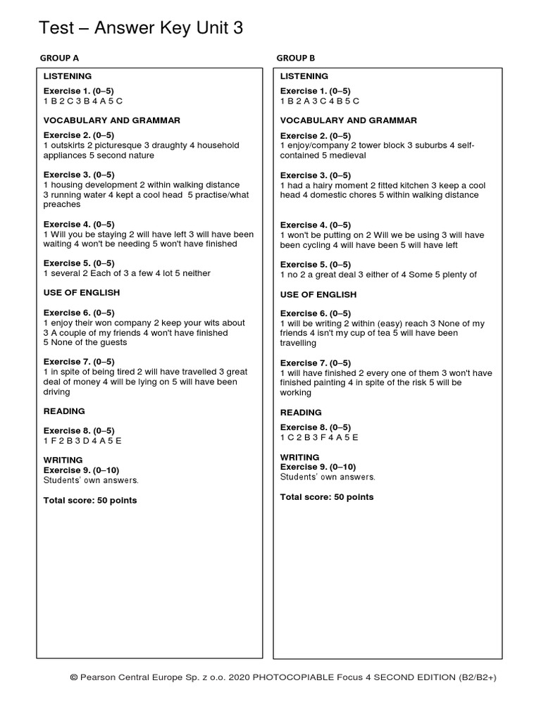 Focus4 2e Test Unit3 Answers | PDF