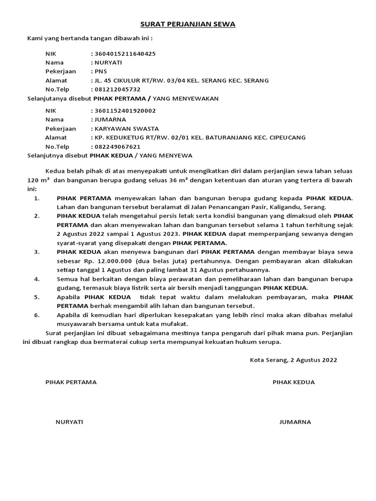 SURAT PERJANJIAN SEWA KIOS (Penancangan) | PDF SURAT PERJANJIAN SEWA KIOS (Penancangan) | PDF