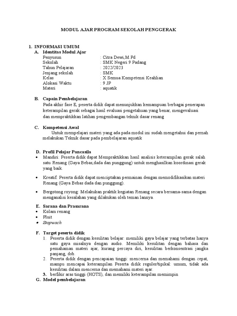 Modul Ajar Renang untuk SMK X | PDF | Kesehatan Holistik | Sains ...