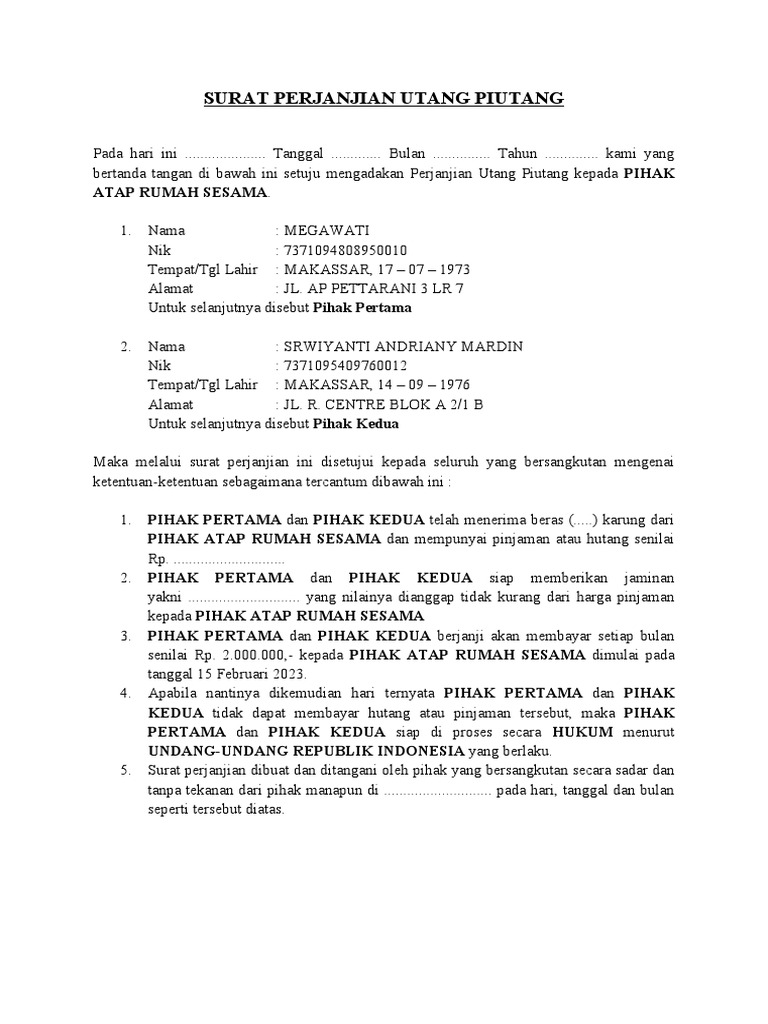 Surat Perjanjian Utang Piutang | PDF | Pengelolaan Keuangan & Uang ...