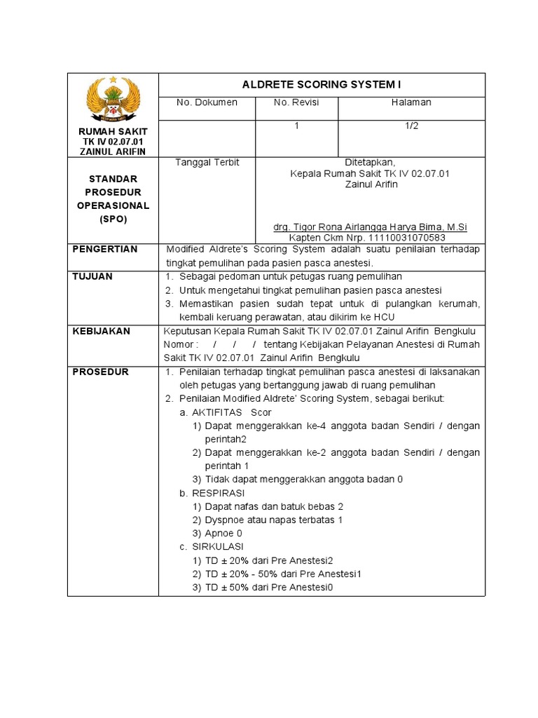 SPO ALDRETE SCORING SYSTEM | PDF