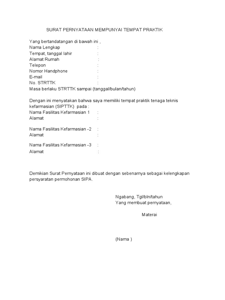 Surat Pernyataan Tempat Praktik Kefarmasian | PDF | Karier ...
