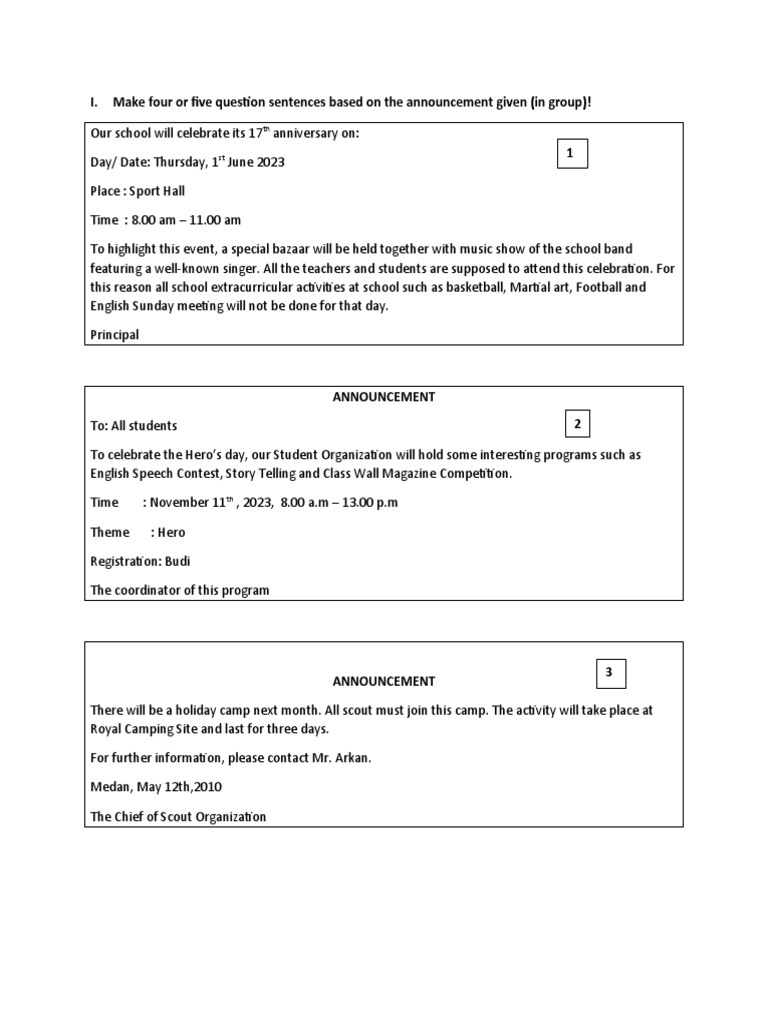 Announcement Exercise | PDF