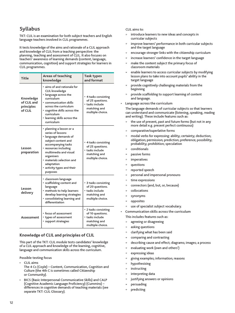 Cambridge TKT Clil Syllabus PDF | PDF