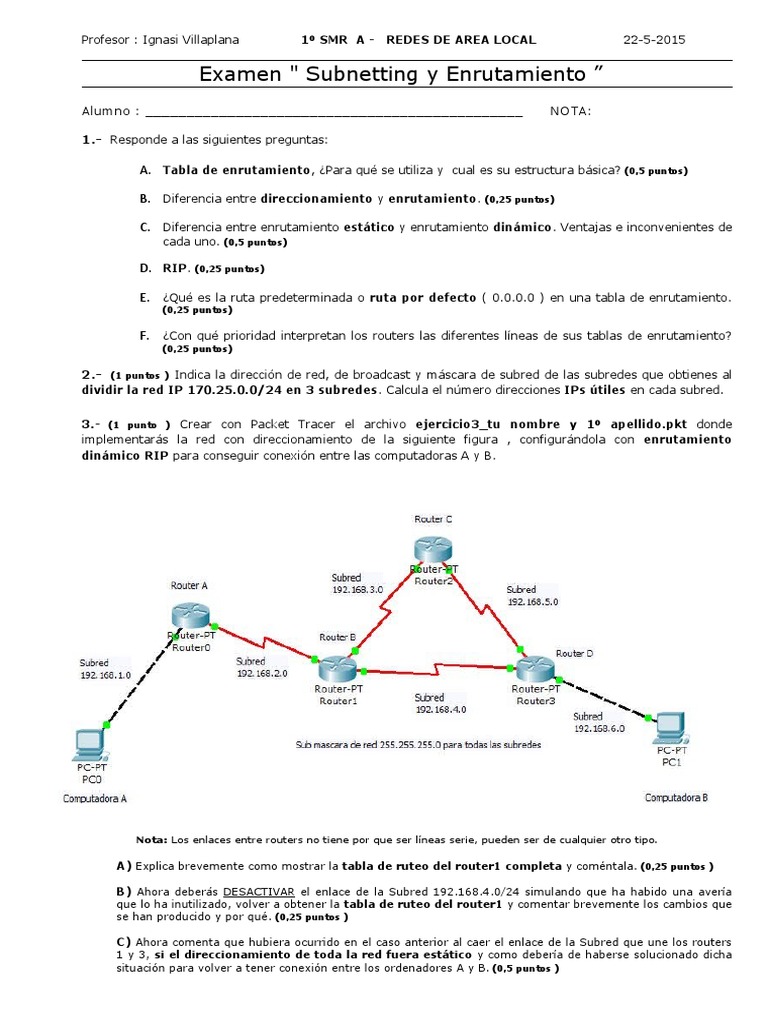 Examen " Subnetting y Enrutamiento ": A. B. C. D. E. F | PDF | Dirección IP | Enrutador ...