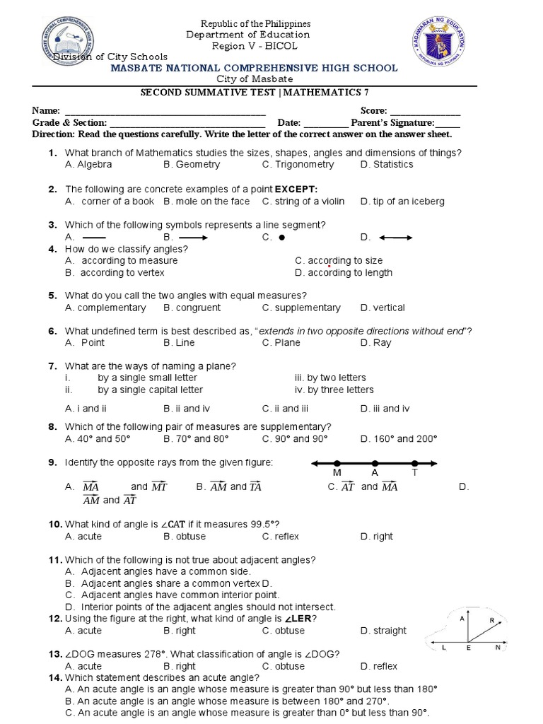 SUMMATIVE TEST 2 (GRADE 7 - Q3) | PDF | Angle | Geometry