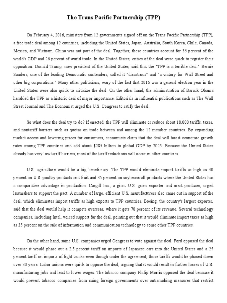Case Study - The Trans Pacific Partnership (TPP) | PDF | Trans Pacific Partnership | Tariff