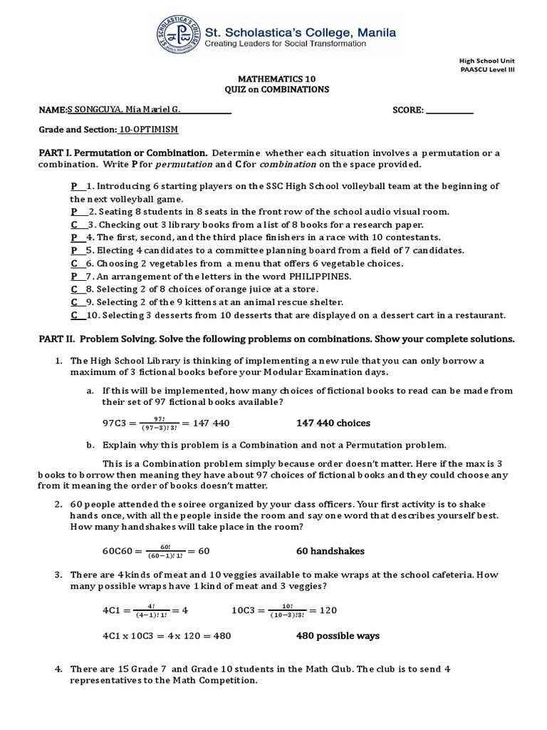 Quiz Combinations | PDF | Permutation