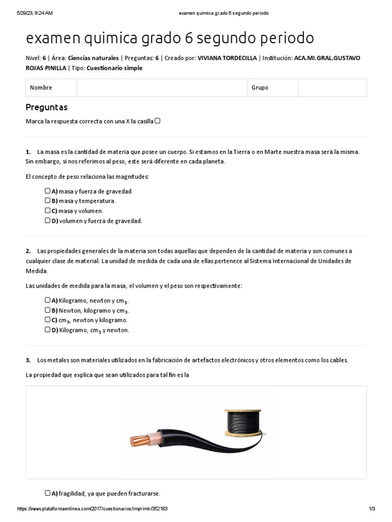 Examen Quimica Grado 6 Segundo Periodo | PDF