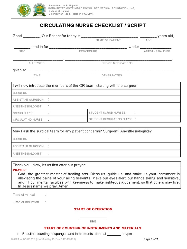 Circulating Nurse Checklist 1 | PDF | Surgery | Clinical Medicine