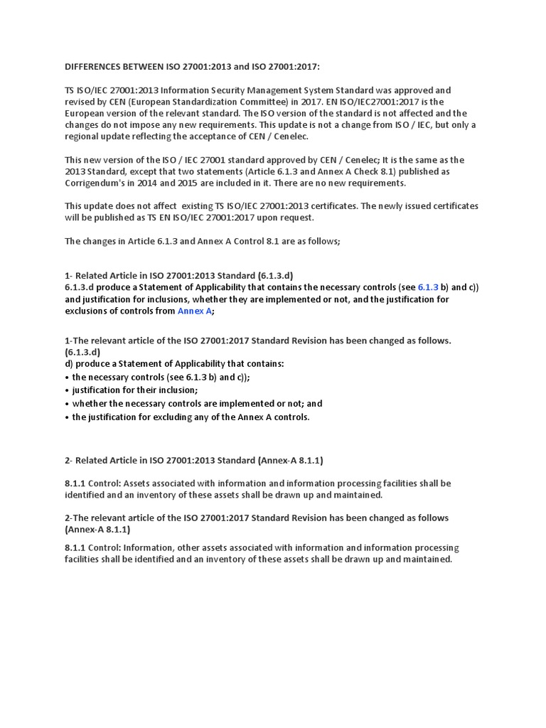 ISO 27001:2013 vs 2017 Updates | PDF | International Organization For ...