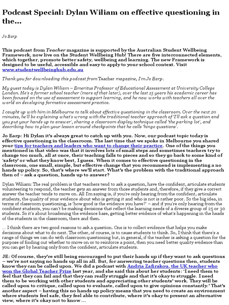 Podcast Special Dylan Wiliam On Effective Questioning in The | PDF