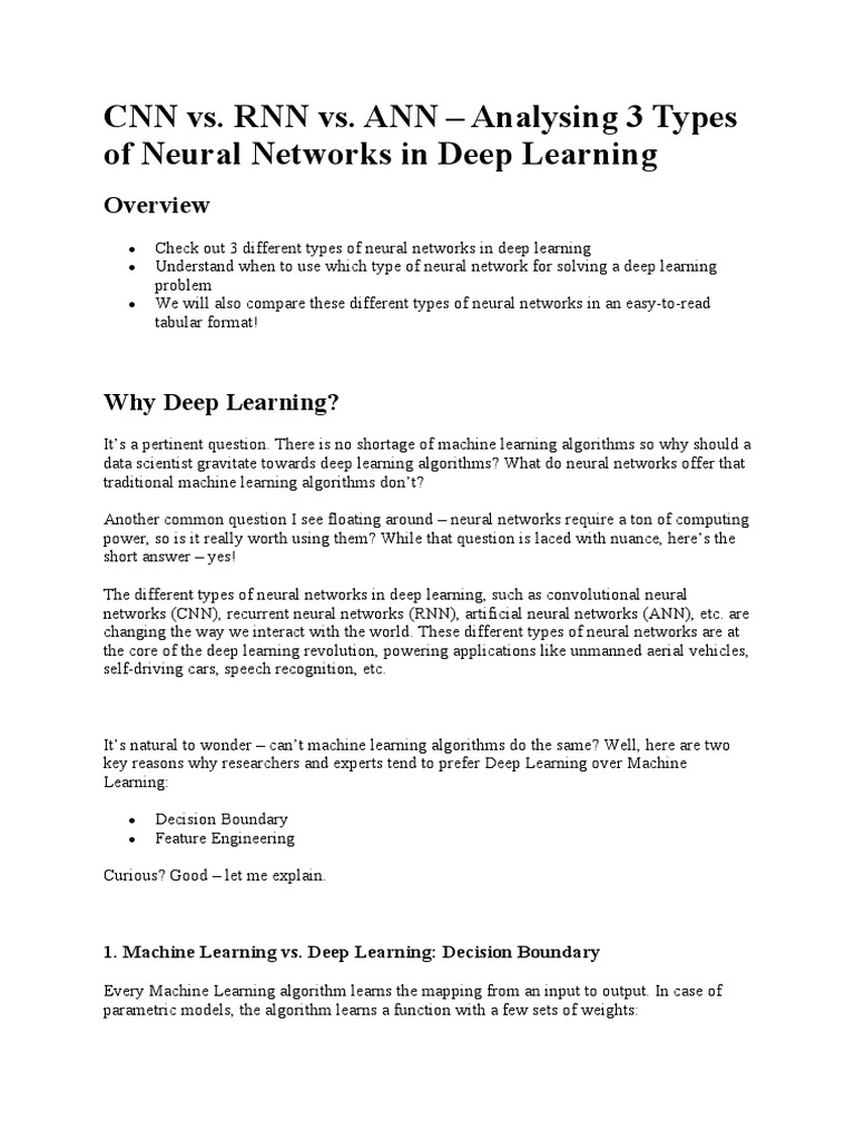 CNN vs. RNN vs. ANN - Analysing 3 Types of Neural Networks in Deep Learning | PDF | Artificial ...