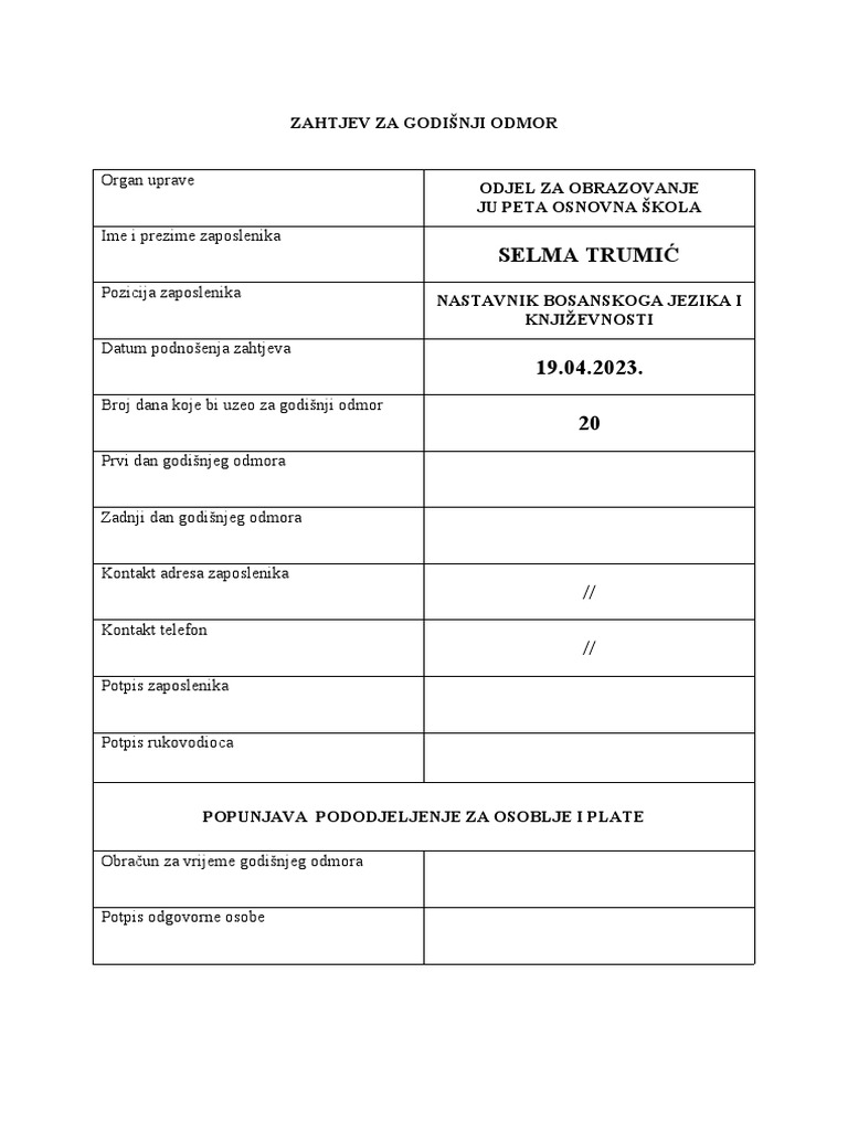 Obrazac-Zahtjev Za Godisnji Odmor-Lat1 | PDF