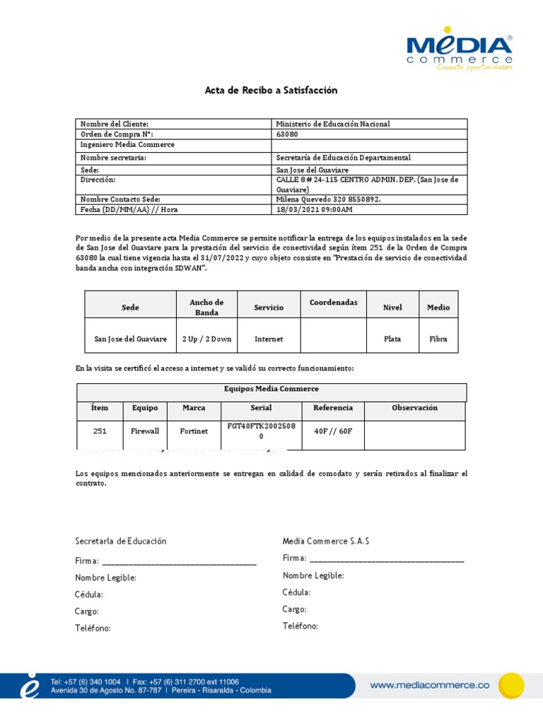 Modelo Acta Entrega Equipos Comodato MEN - SAN JOSE DEL GUAVIARE | PDF | Electrónica | ciberespacio