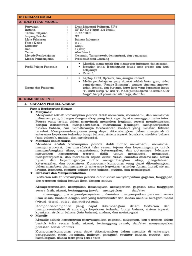 Modul Bhs. Indonesia Kelas 1 Tema Aku Bisa | PDF
