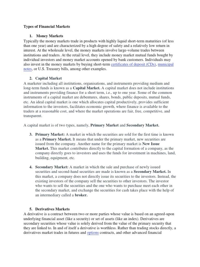 Types of Financial Markets | PDF | Financial Markets | Foreign Exchange ...