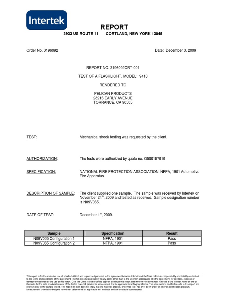 Pelican 9415 NFPA 1901 Certificate | PDF