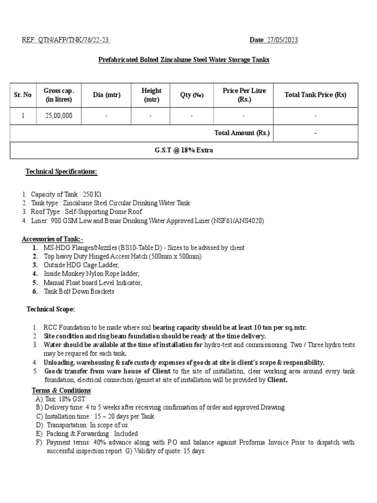 Technical Specs - Water Tank 250KL | PDF