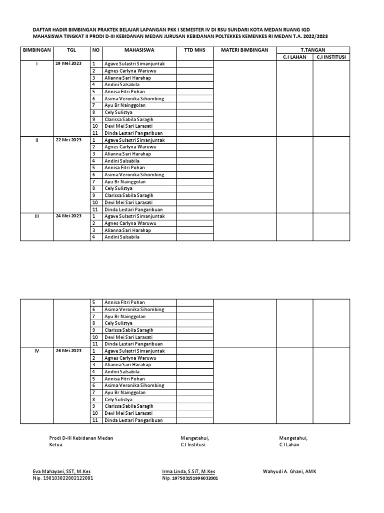 Form Bimb & Absen PKK I RSU sundari Mei 2023 | PDF