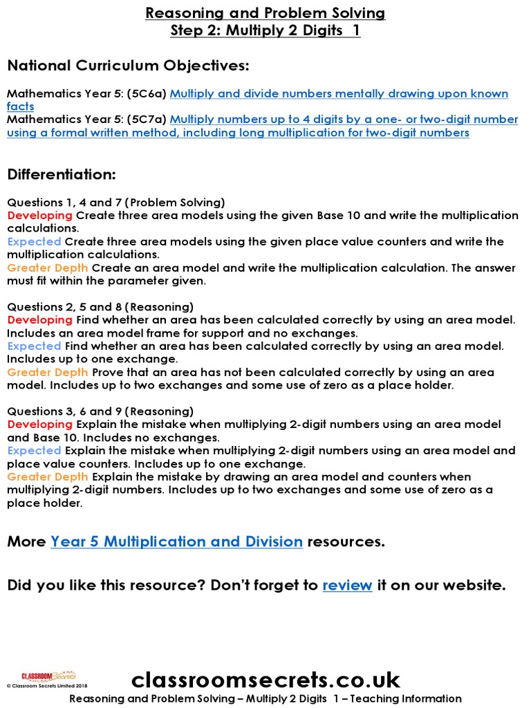 Year 5 Multiply by 2-Digits 1 Reasoning and Problem Solving- Area Model Method Multiplication ...
