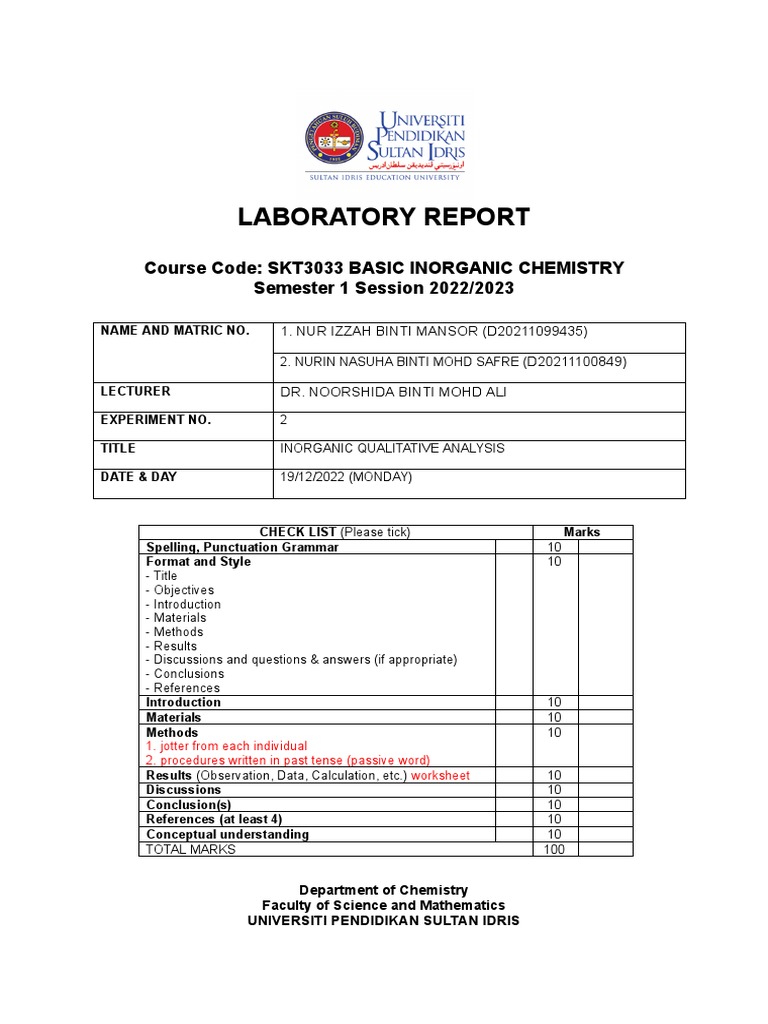Laboratory Report: Course Code: Skt3033 Basic Inorganic Chemistry ...