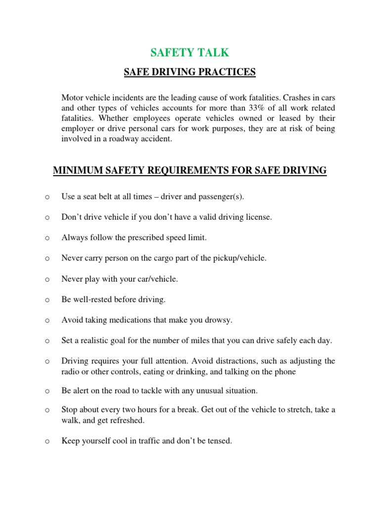 Safe Driving Practices Toolbox Talk | PDF