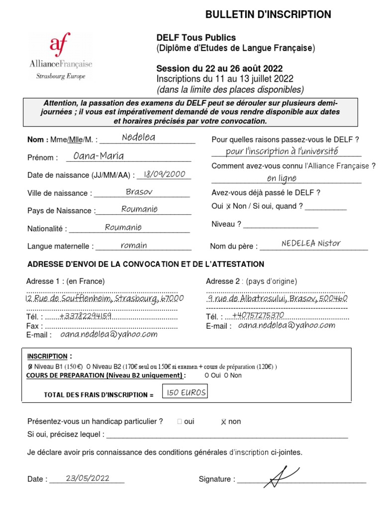 Bulletin D'inscription Delf - 22082022.pdf August | PDF