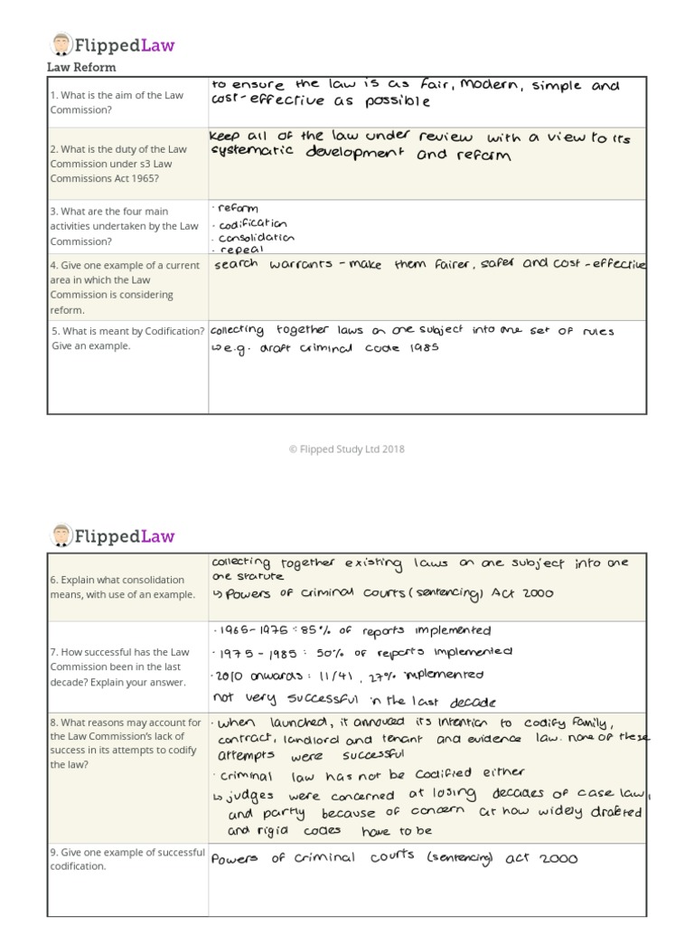 Law Reform - Flipped Law Worksheet 2 | PDF