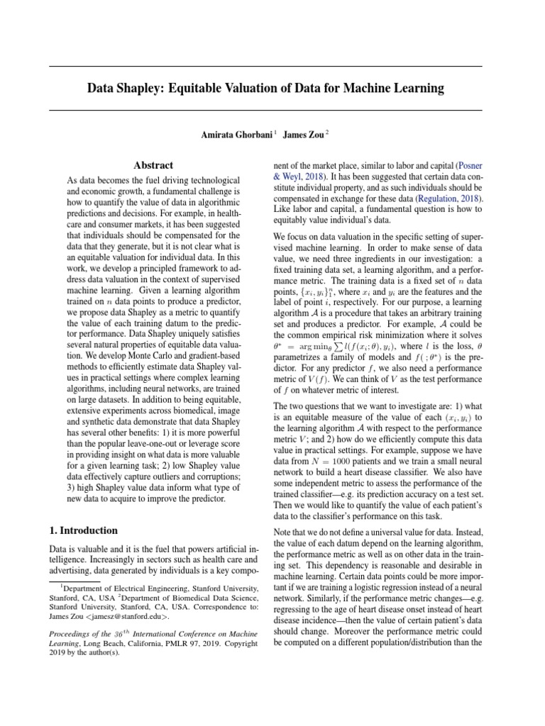 Data Shapley - Equitable Valuation of Data For Machine Learning | PDF