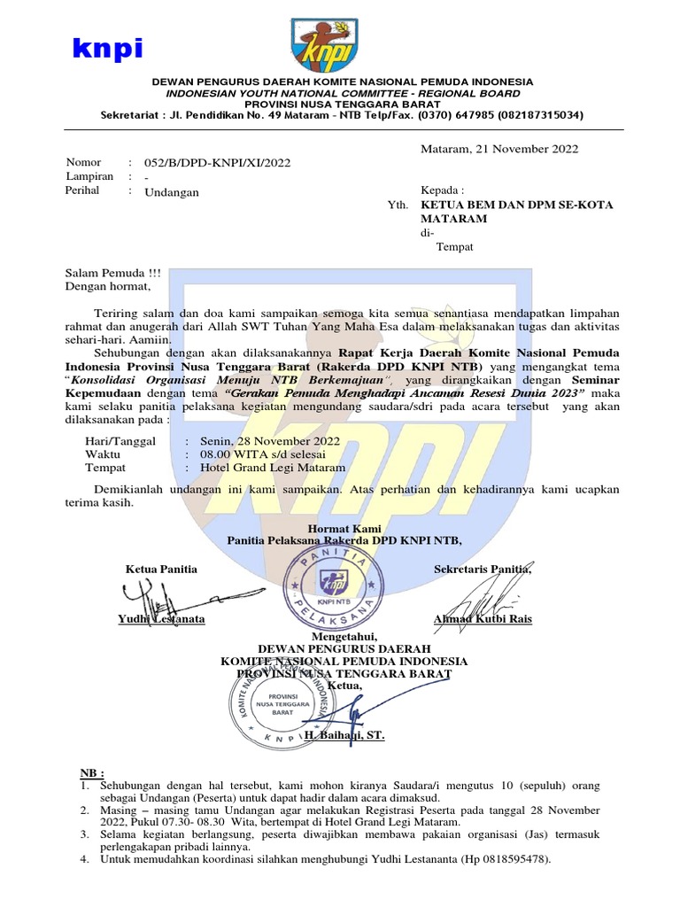 Undangan Rakerda KNPI NTB 2022 | PDF