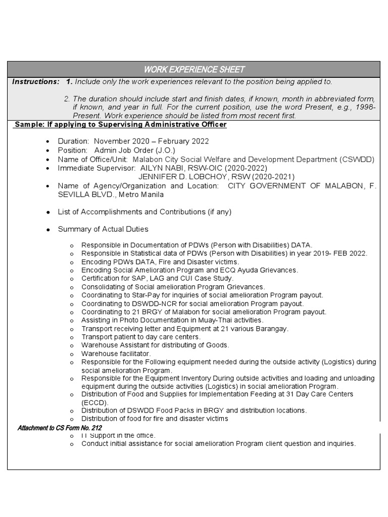 Work Experience Sheet for CS Form 212 | PDF