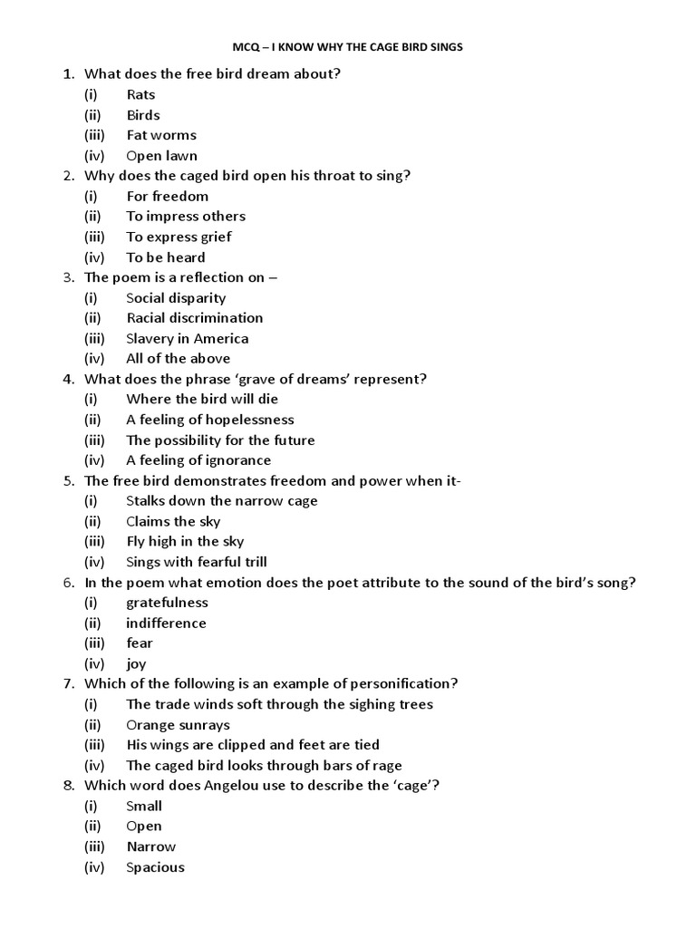 MCQs on "Caged Bird" Poem Analysis | PDF