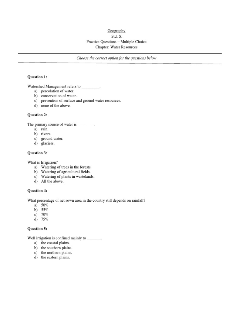 MCQ Geography STD X Water Resources Questions | PDF | Irrigation ...