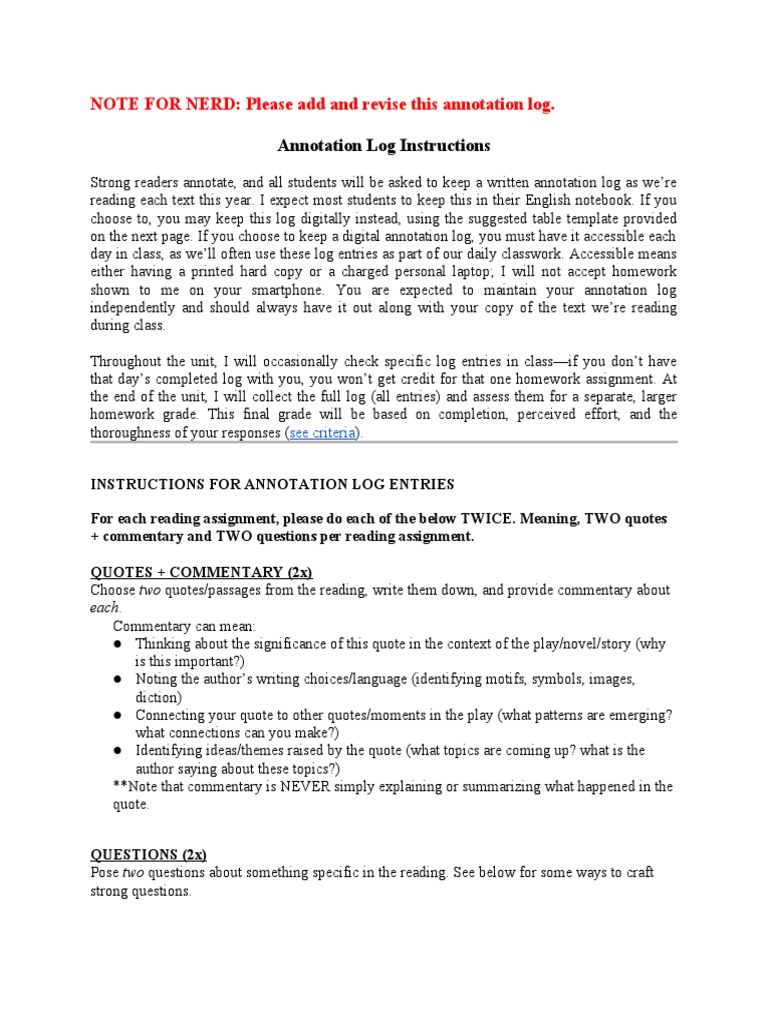 Annotation Log Instructions | PDF | The Great Gatsby