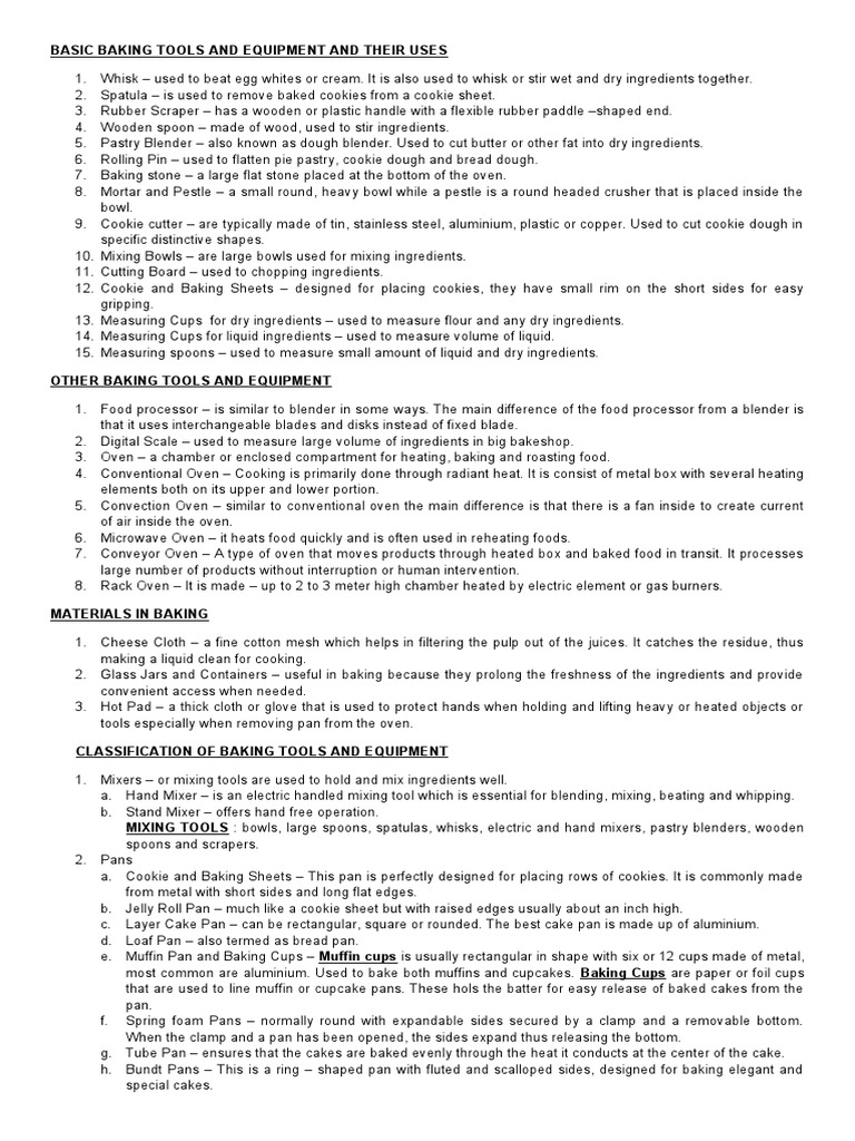 Basic Baking Tools and Equipment and Their Uses | PDF | Cookware And ...