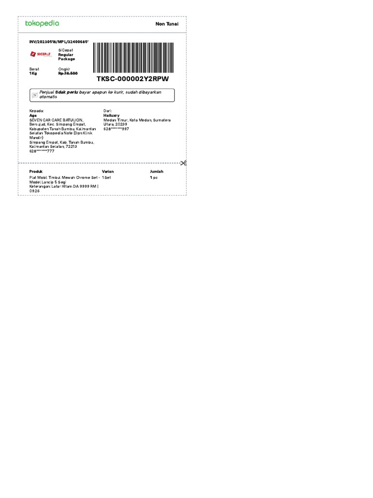 Contoh Resi Tokopedia | PDF